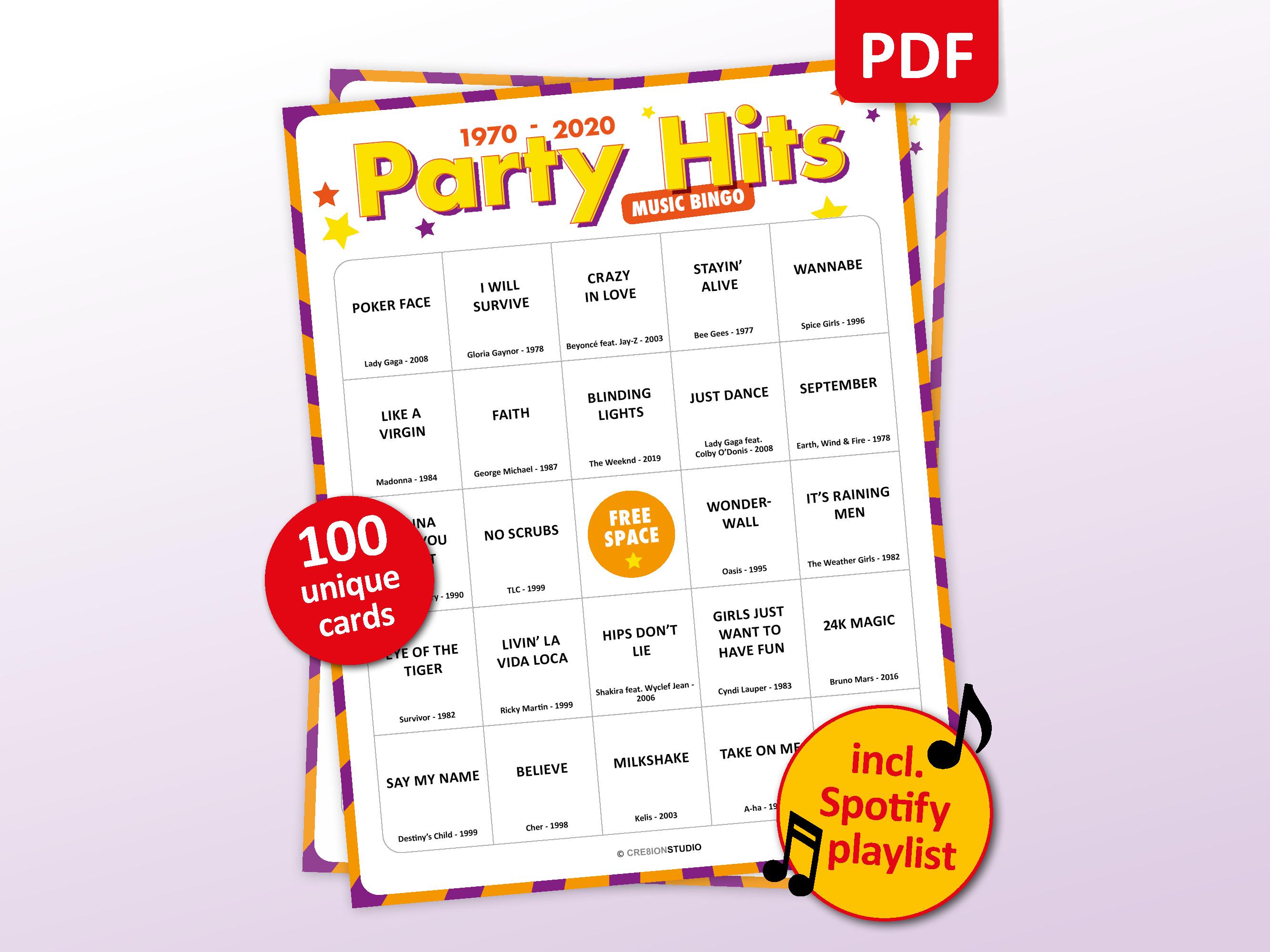 Party Hits Music Bingo, 100 Bingo Cards + Spotify Playlist, 80s 90s ...