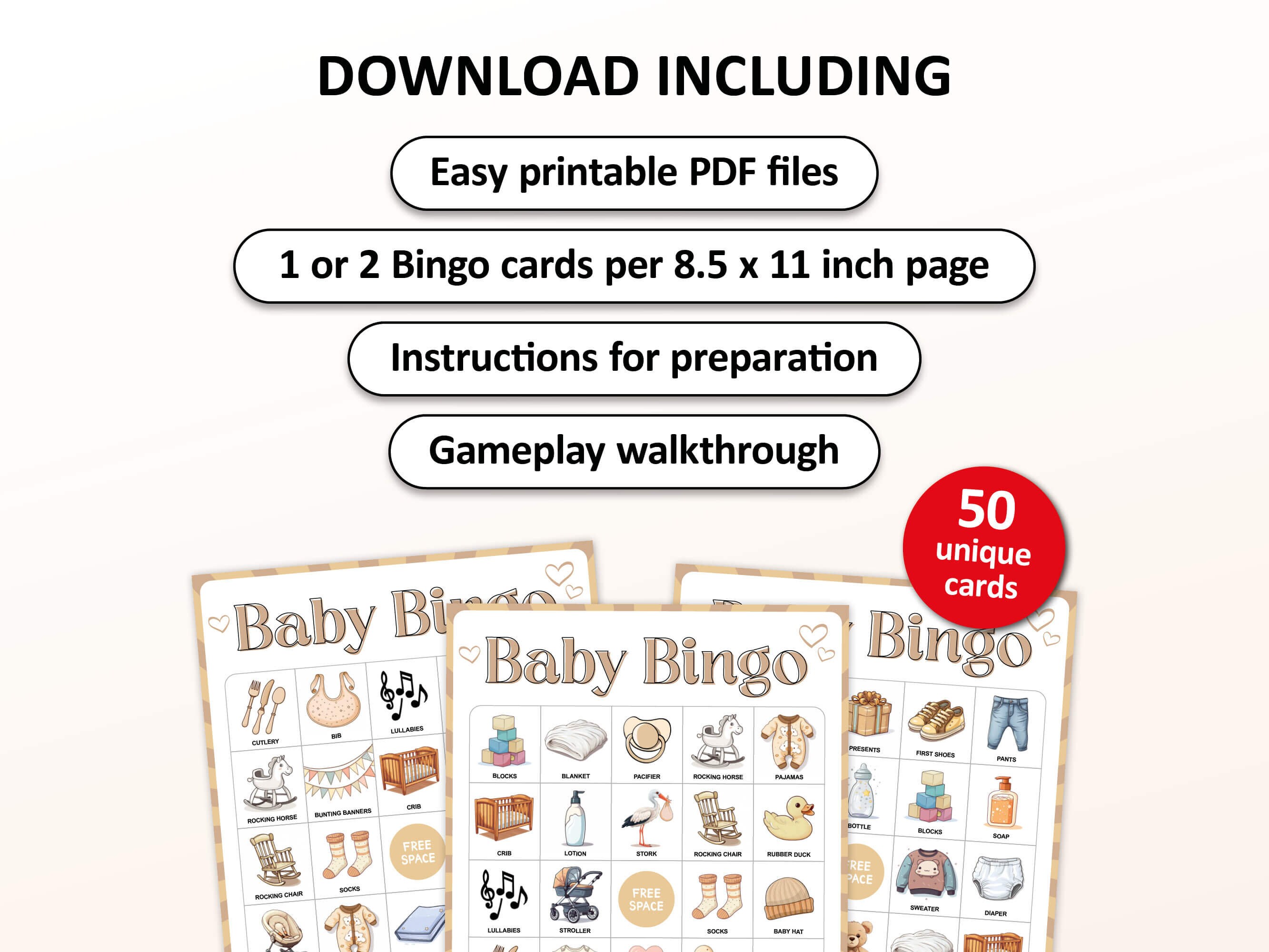 50 Baby Bingo Cards, Baby Shower Game, Baby Sprinkle Activity ...