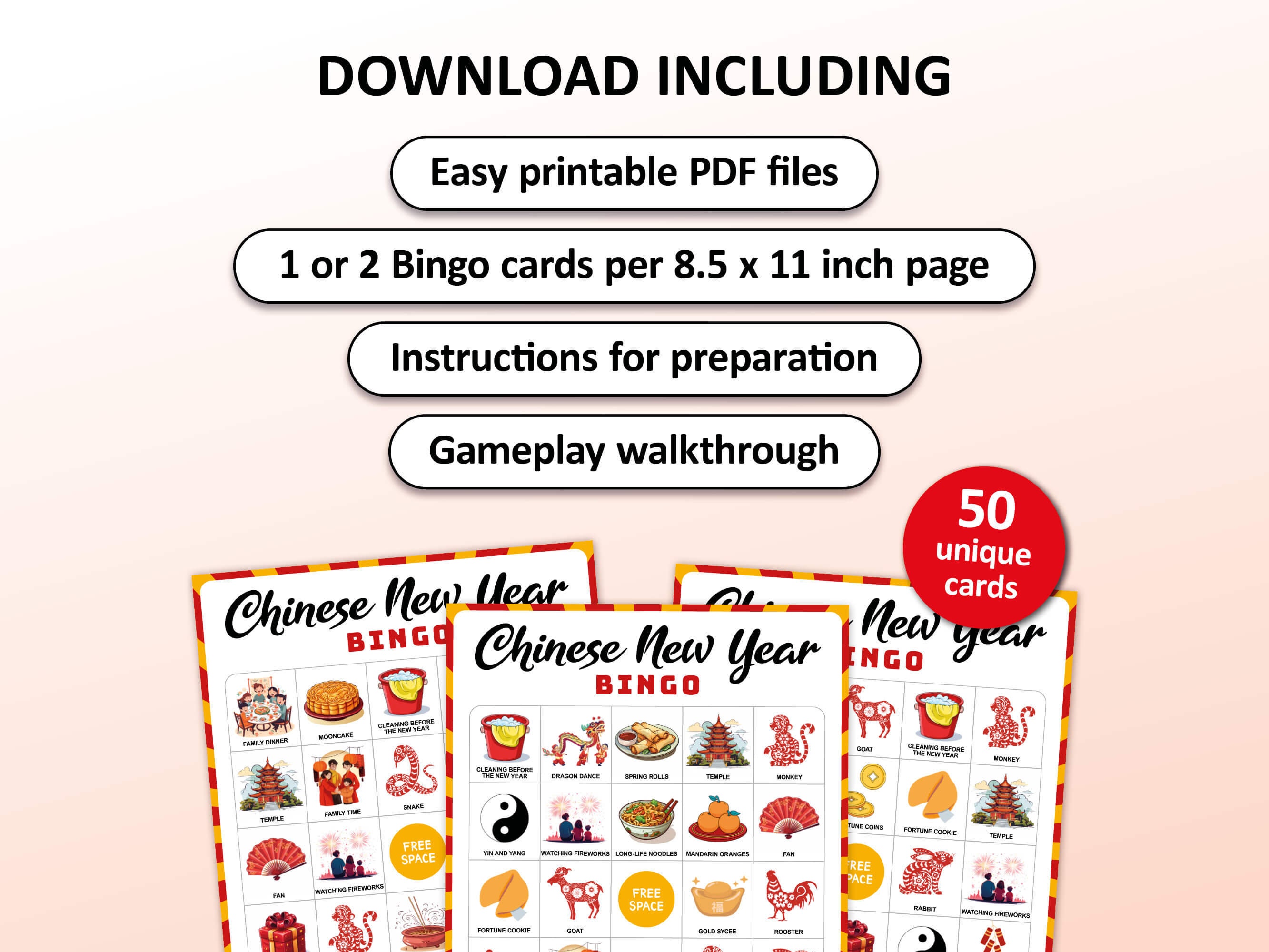 Chinese New Year Bingo, 50 Lunar New Year Bingo Cards, Party Game for ...