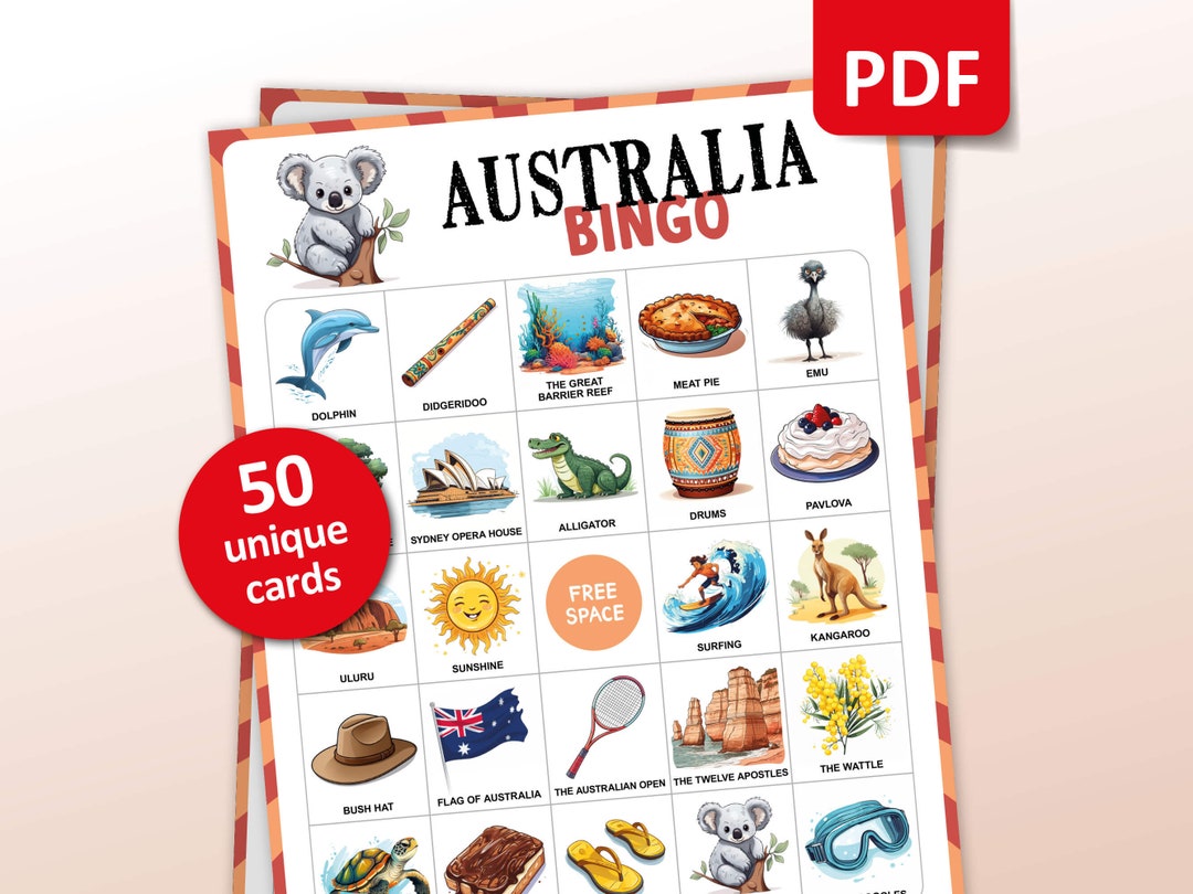 Australia Travel Bingo Game, 50 Bingo Cards, Australian Trip Vacation ...