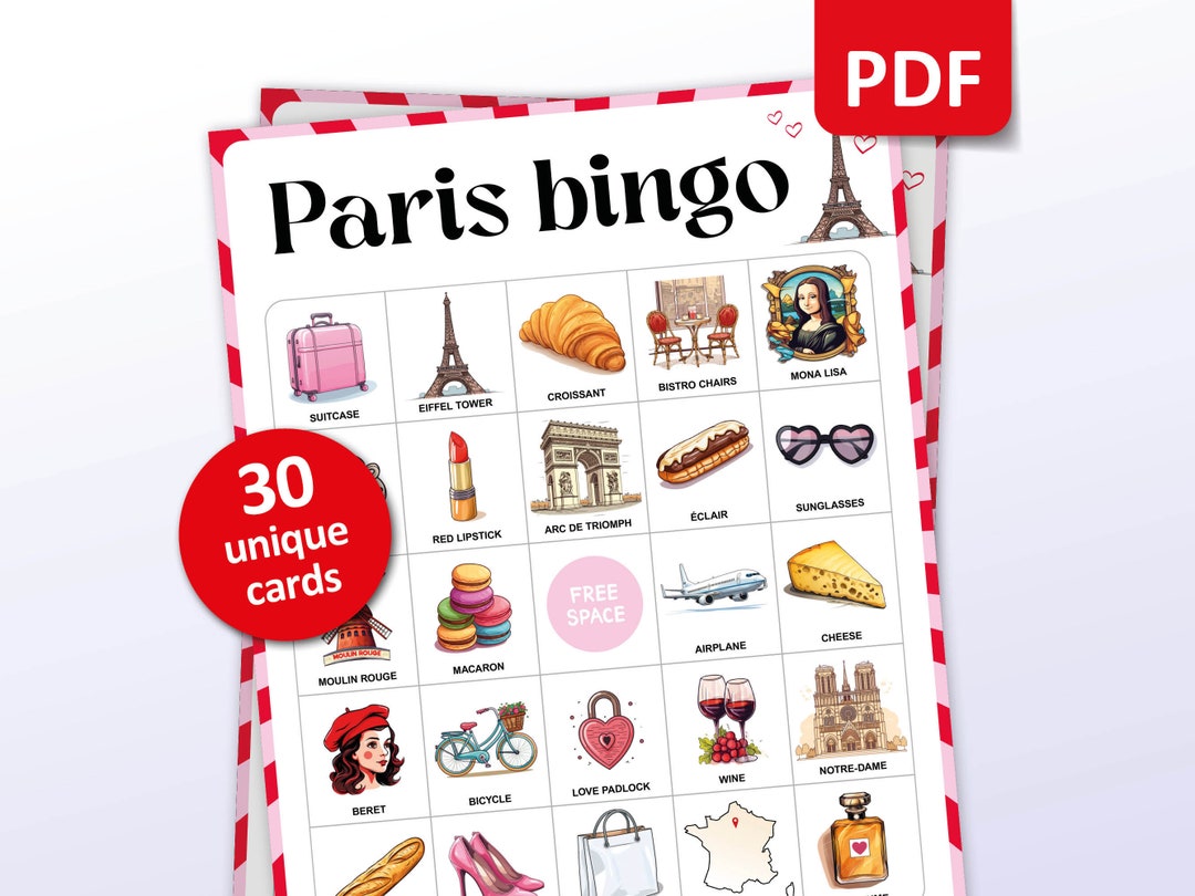 Paris Travel Bingo Game, 30 Paris Bingo Cards, Travel Trip Vacation ...