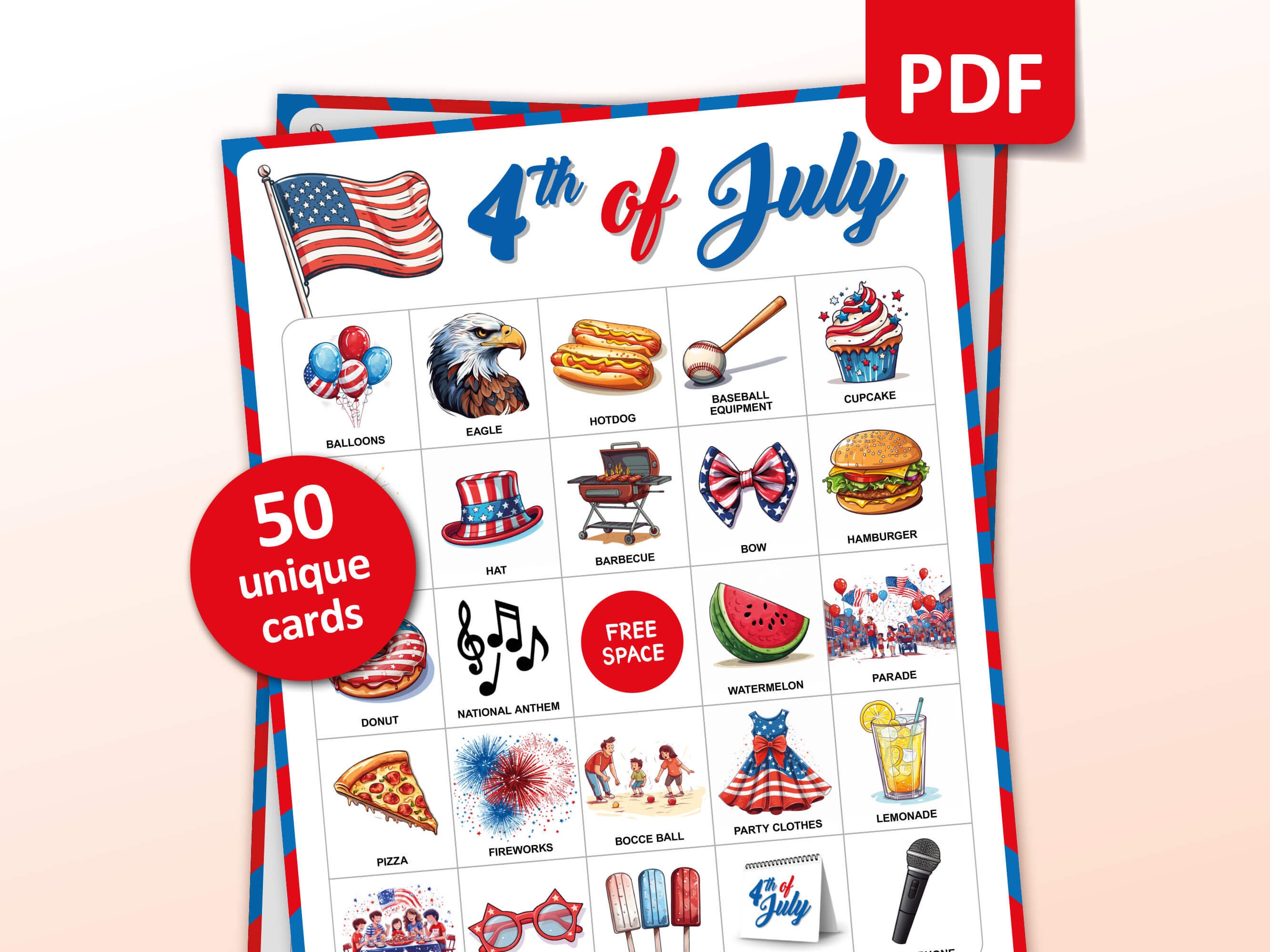 4th of July Bingo, 50 Independence Day Bingo Cards, Party Game for Kids ...