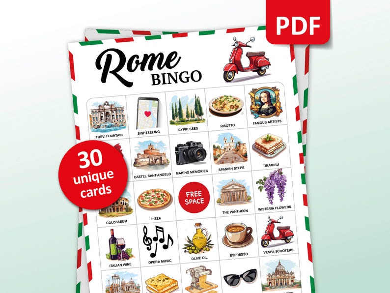 Rome Travel Bingo Game, 30 Italy Bingo Cards, Travel Trip Vacation ...
