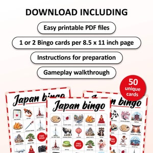 Japan Travel Bingo Game, 50 Bingo Cards, Asia Trip Vacation Activities ...