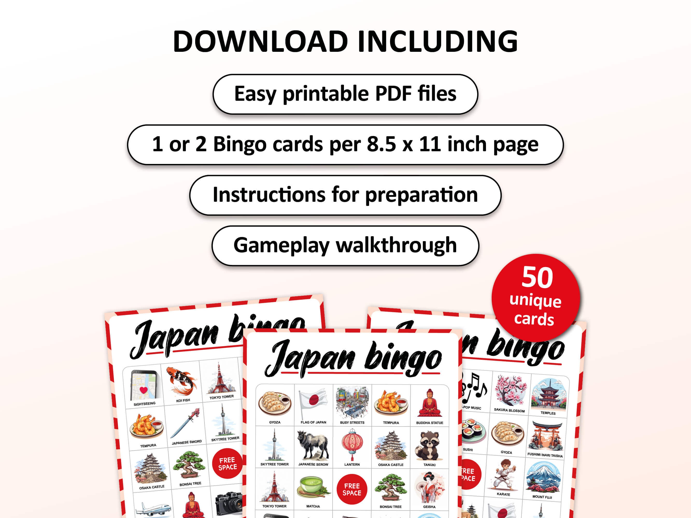 Japan Travel Bingo Game, 50 Bingo Cards, Asia Trip Vacation Activities ...