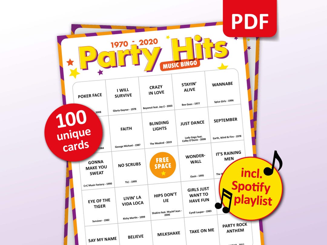 Party Hits Music Bingo, 100 Bingo Cards + Spotify Playlist, 80s 90s ...
