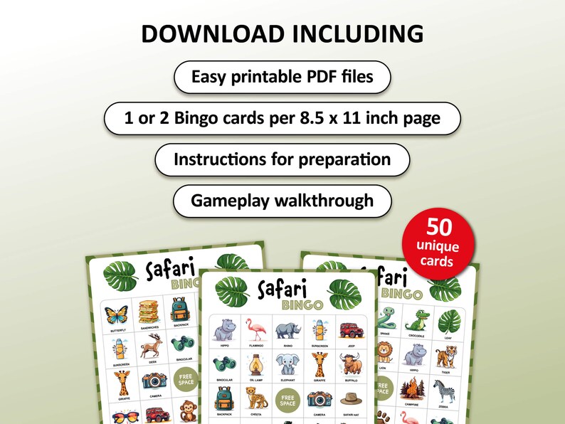 Safari Bingo, 50 Birthday Bingo Cards, Birthday Activities, Kids Safari ...