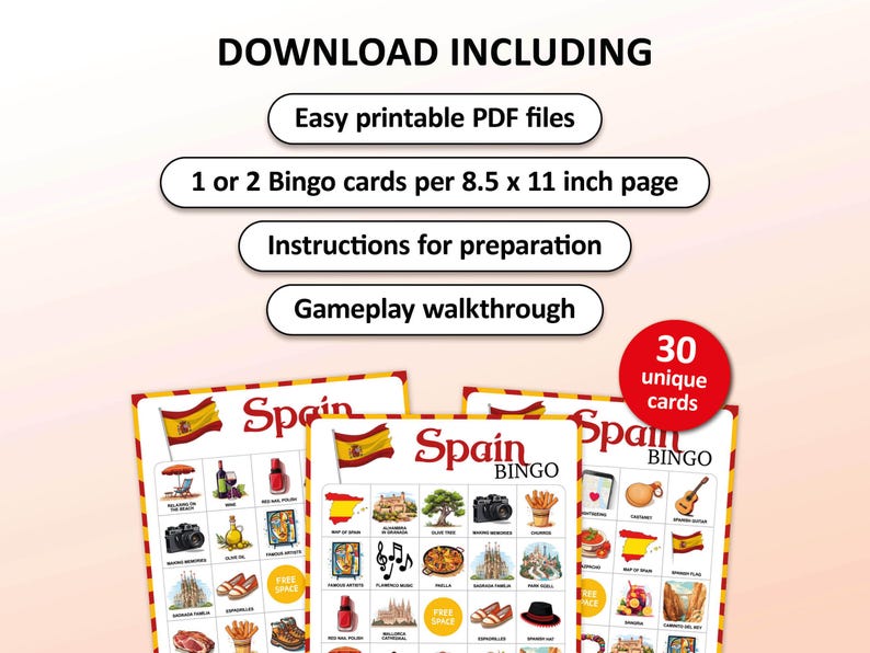 Spain Travel Bingo Game, 30 Spain Bingo Cards, Travel Trip Vacation ...