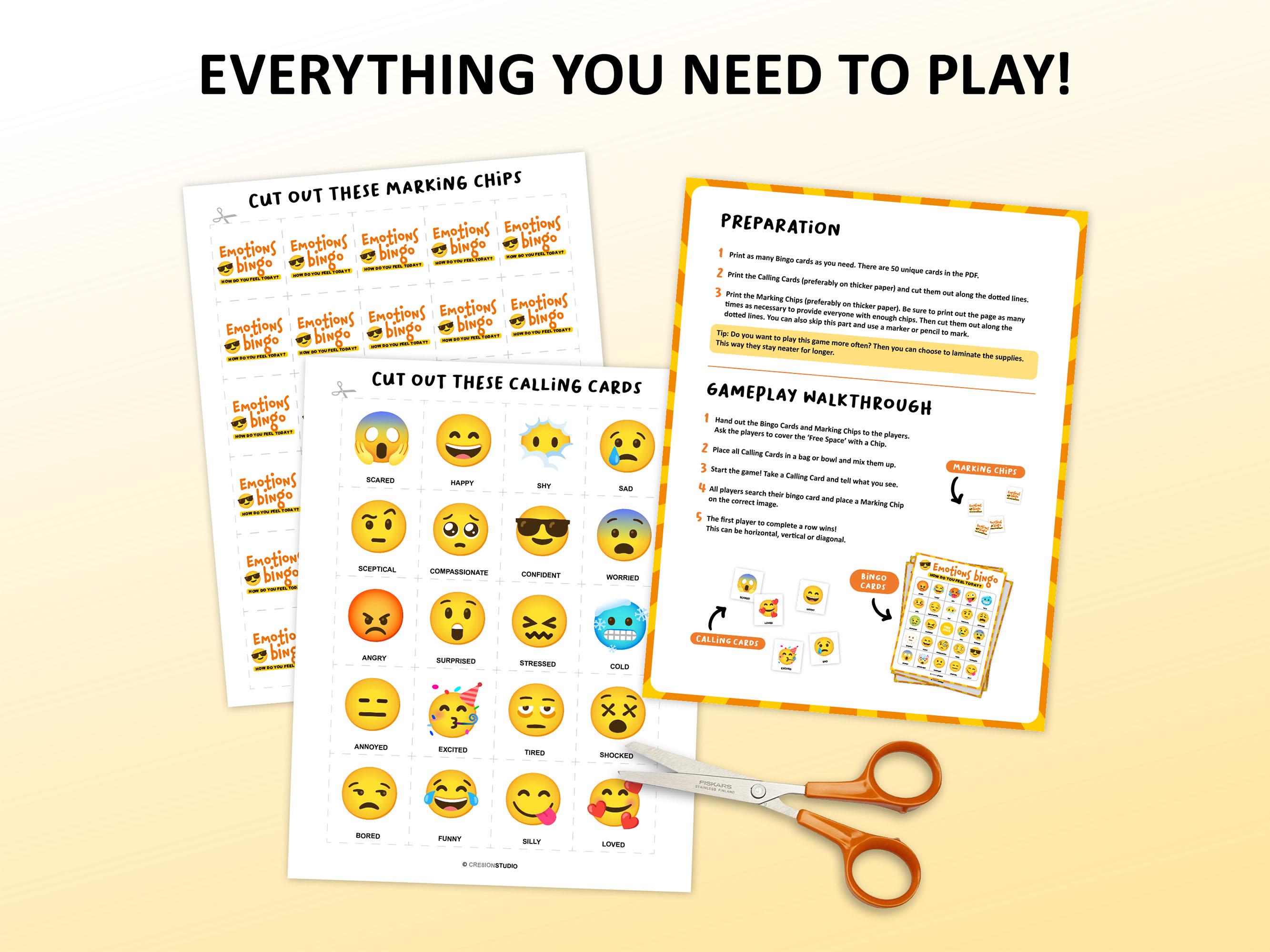 Emotions Bingo, 50 Bingo Cards, Learning Feelings for Kids Party Game ...