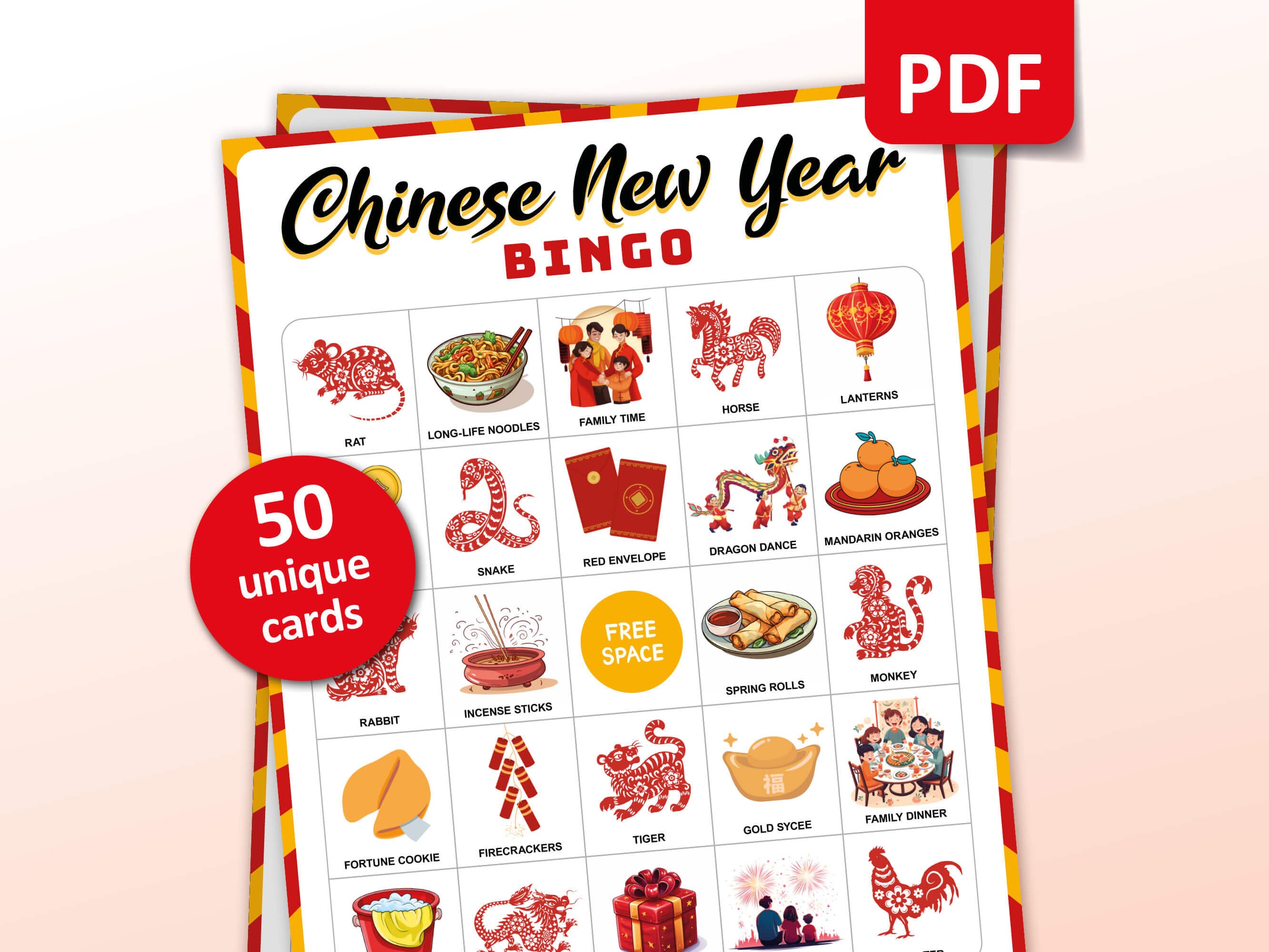 Chinese New Year Bingo, 50 Lunar New Year Bingo Cards, Party Game for ...