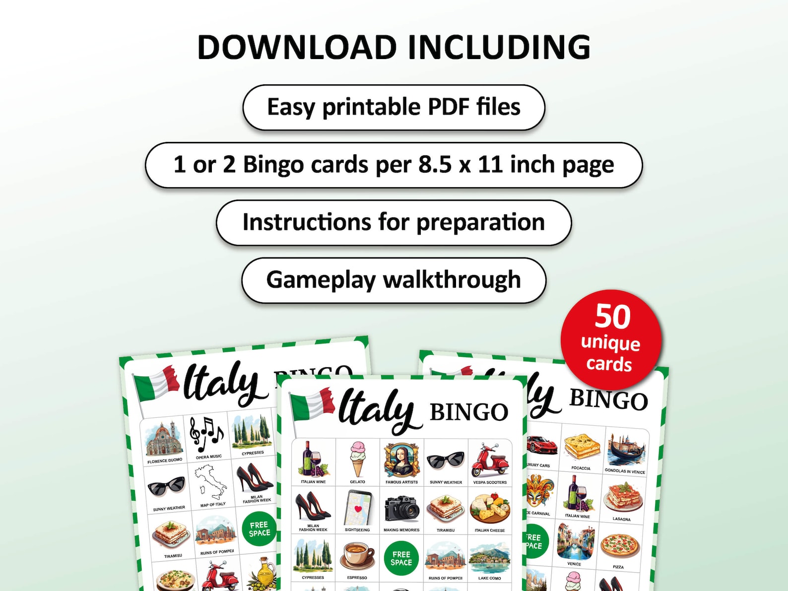 Italy Travel Bingo Game, 50 Italy Bingo Cards, Travel Trip Vacation ...