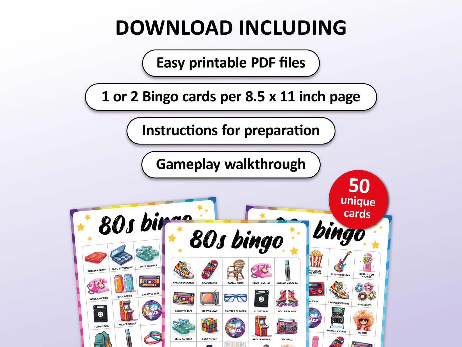 80s Party Bingo, 50 Unique Bingo Cards, Eighties Party Game, Printable ...