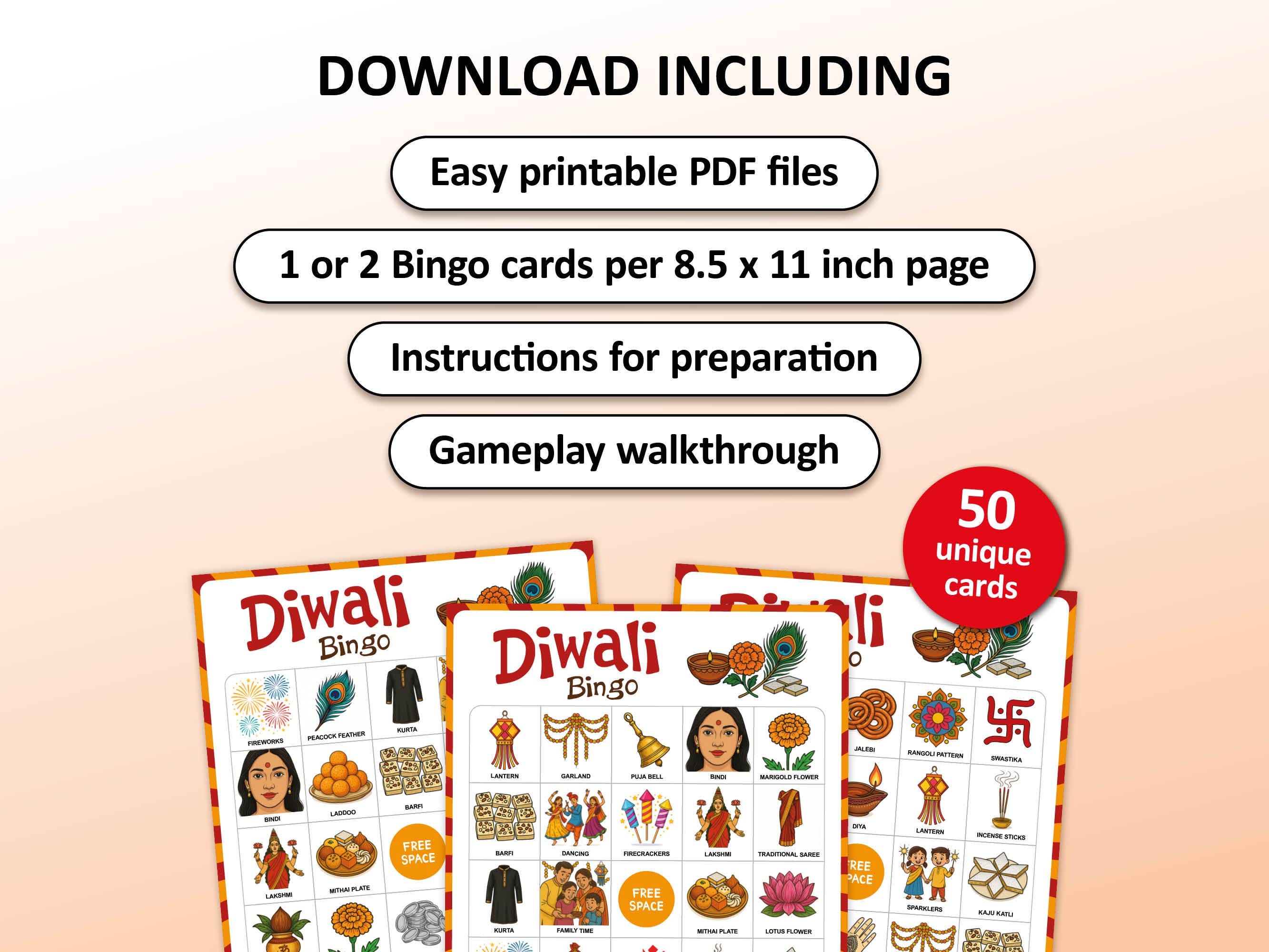 Diwali Bingo, 50 Printable Bingo Cards, Diwali 2025 Party Game for Kids ...
