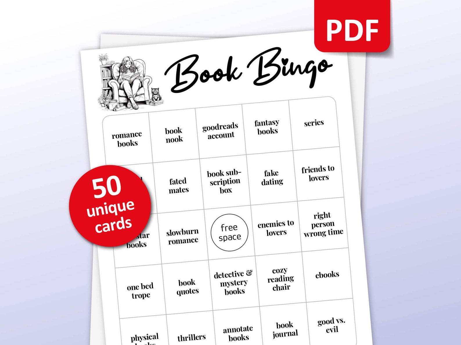 Book Bingo Game, 50 Book Bingo Cards, Book Club Activities, Girls Night ...