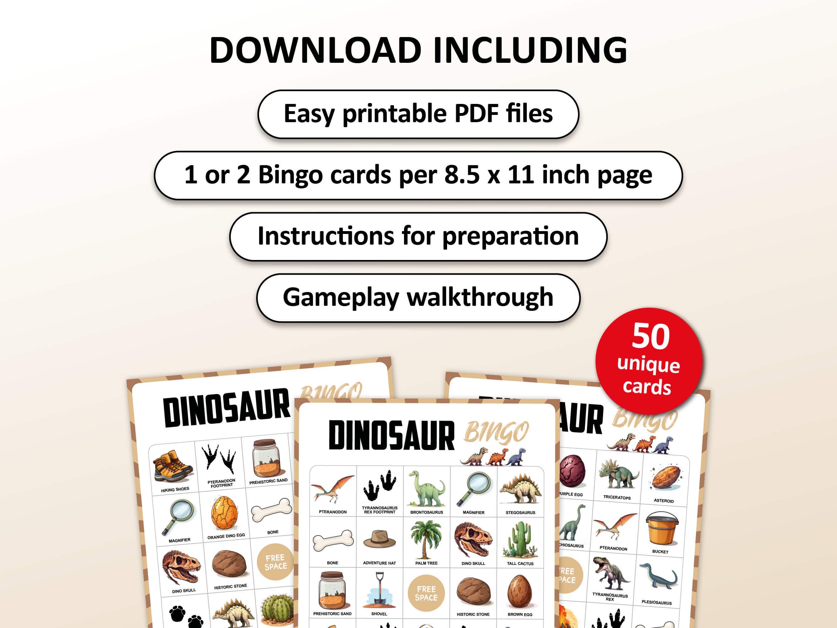 Dinosaur Bingo, 50 Dinosaurs Bingo Cards, Birthday Activitiy, Kids Dino ...