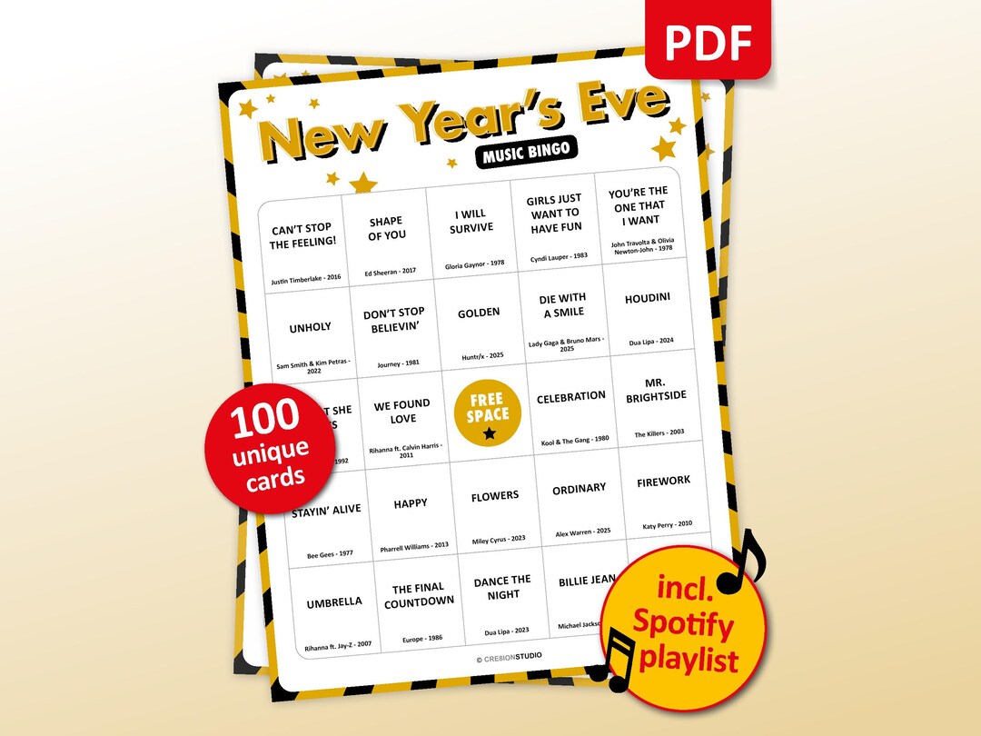 New Year's Eve Music Bingo, 100 Bingo Cards + Spotify Playlist, NYE ...