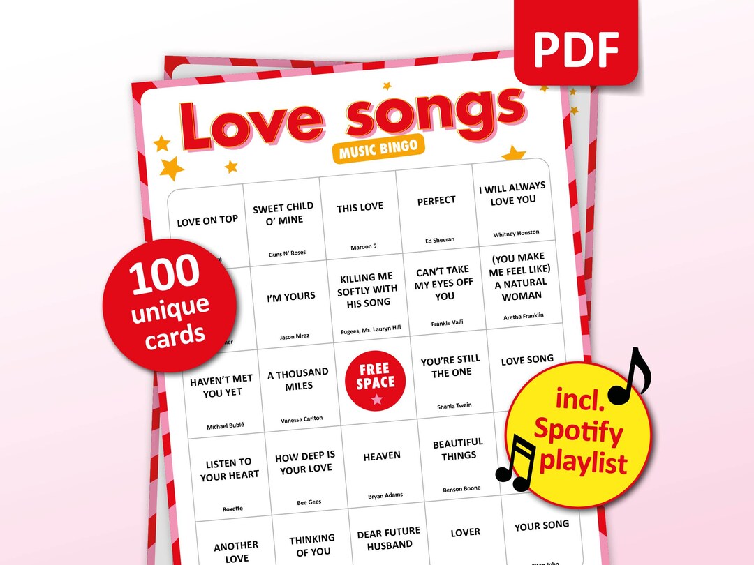 Valentines Day Music Bingo, 100 Bingo Cards + Spotify Playlist ...