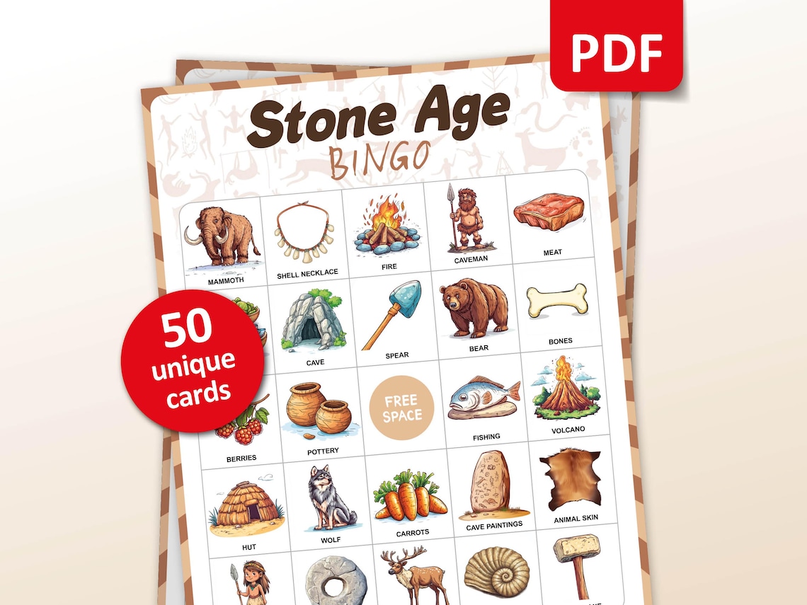 Stone Age Bingo, 50 Bingo Cards, Kids Birthday Party Game, Prehistory ...