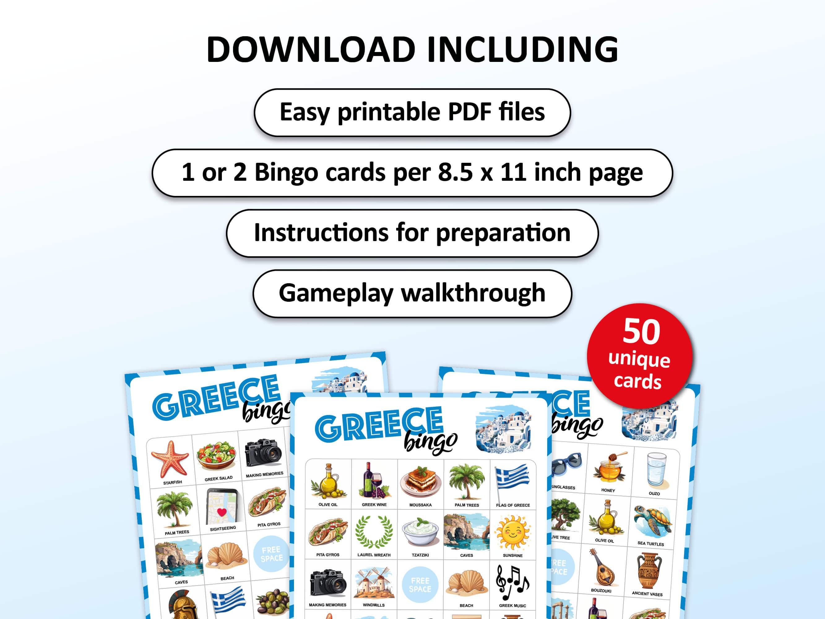Greece Travel Bingo Game, 50 Bingo Cards, Europe Trip Vacation ...