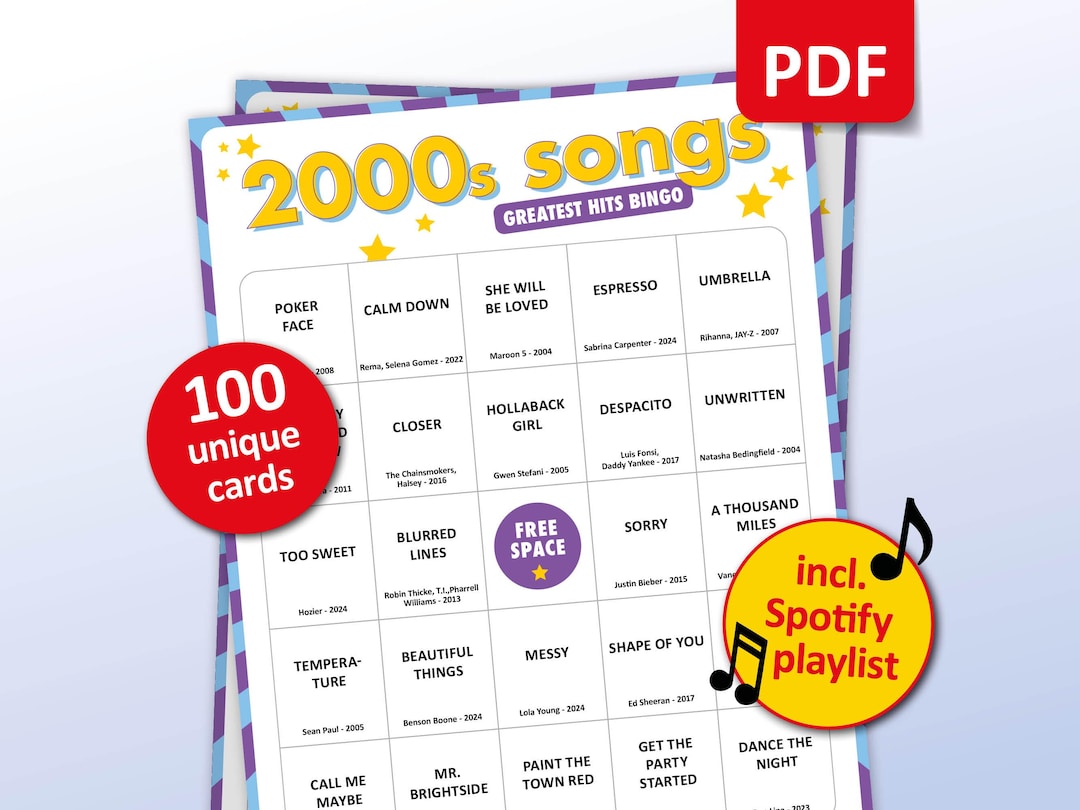 2000s Music Bingo, 100 Bingo Cards + Spotify Playlist, 2000s Party Game ...