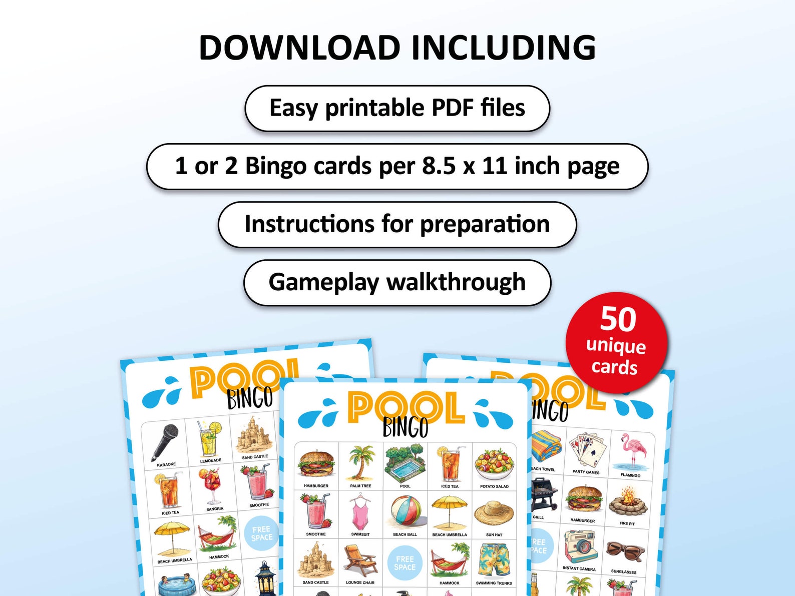 Pool Party Game, 50 Bingo Cards, Summer Activities, Digital Download ...