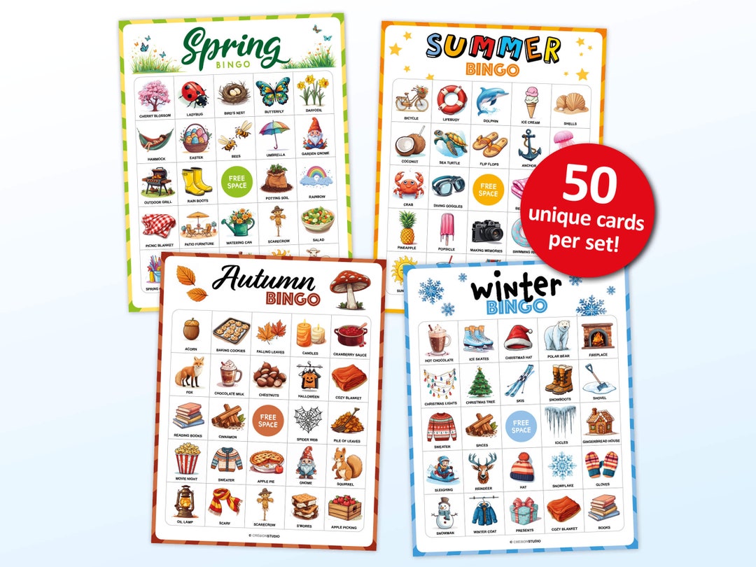 4 Season Bingo Games Set, 50 Bingo Cards per Game, Summer, Spring ...