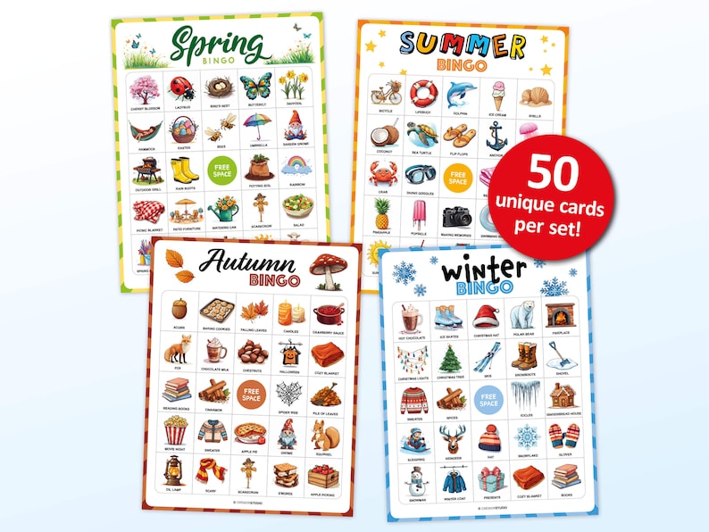 4 Season Bingo Games Set, 50 Bingo Cards per Game, Summer, Spring ...
