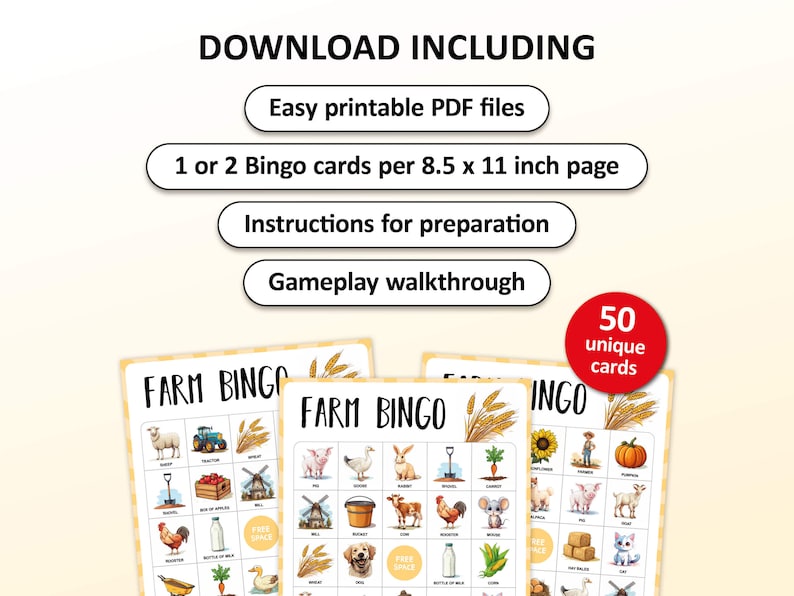 Farm Bingo, 50 Farm Bingo Cards, Birthday Activities, Kids Harvest ...