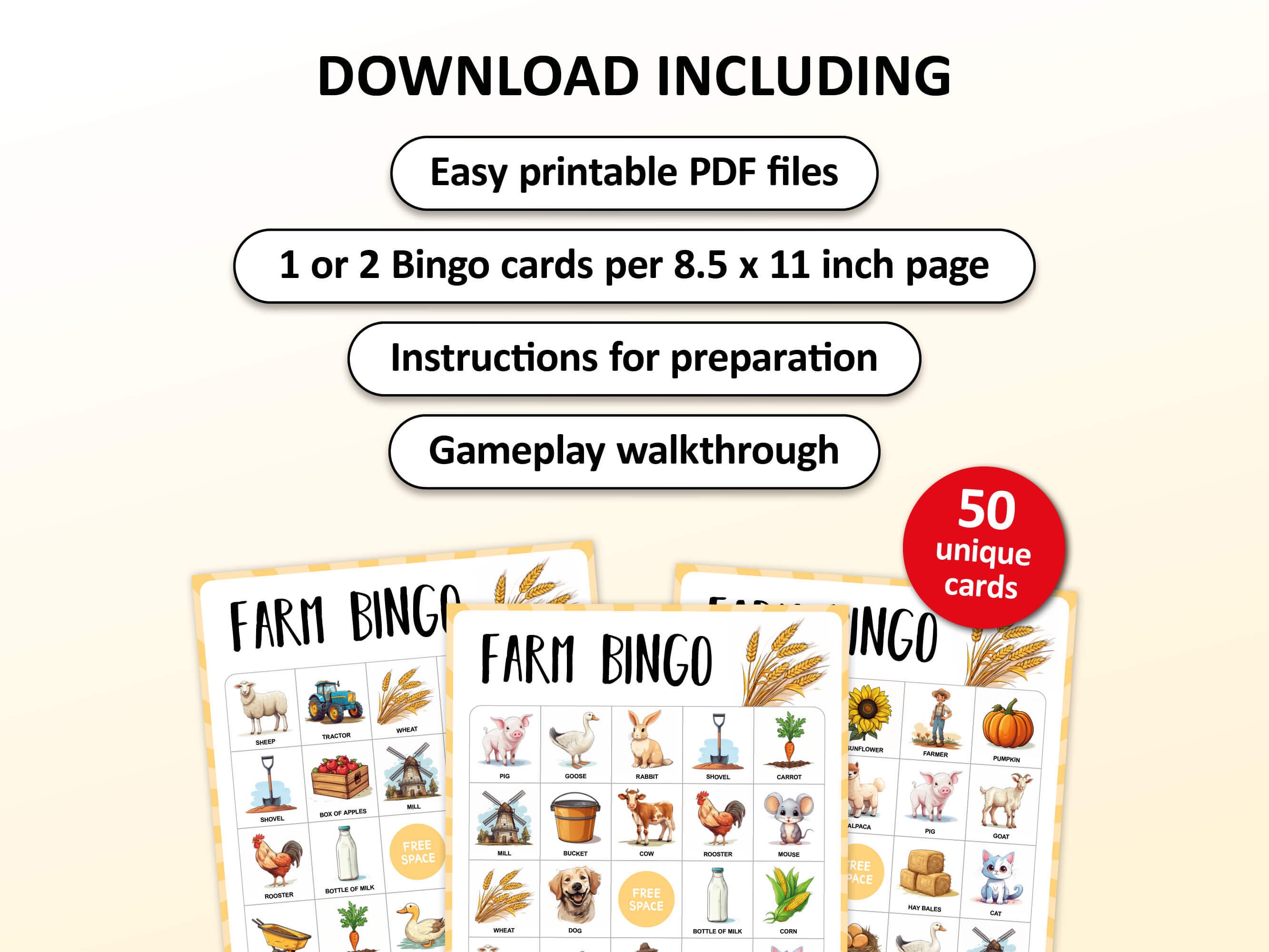 Farm Bingo, 50 Farm Bingo Cards, Birthday Activities, Kids Harvest ...