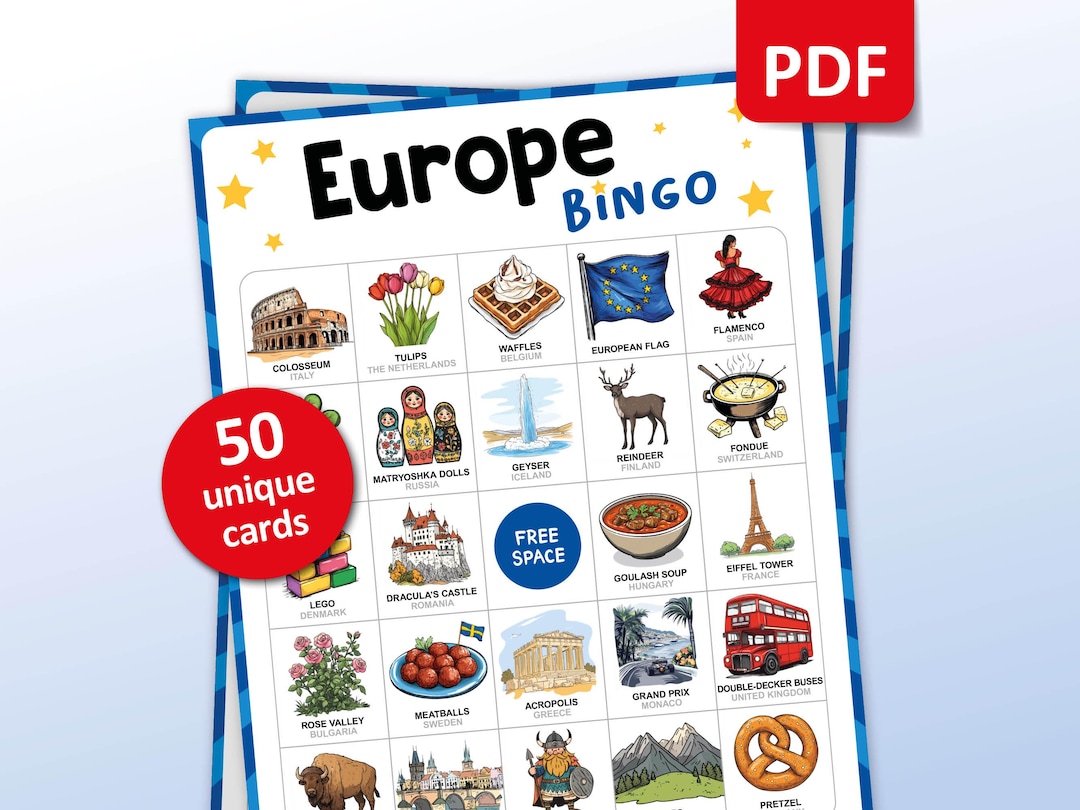Europe Travel Bingo Game, 50 European Bingo Cards, School Classroom ...