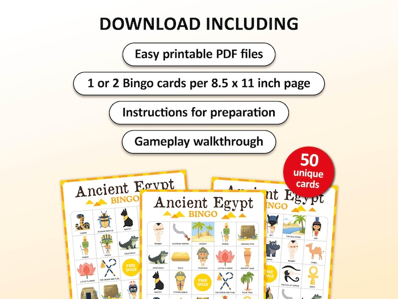 Ancient Egypt Bingo, 50 Bingo Cards, Egyptian Printable Party Game ...