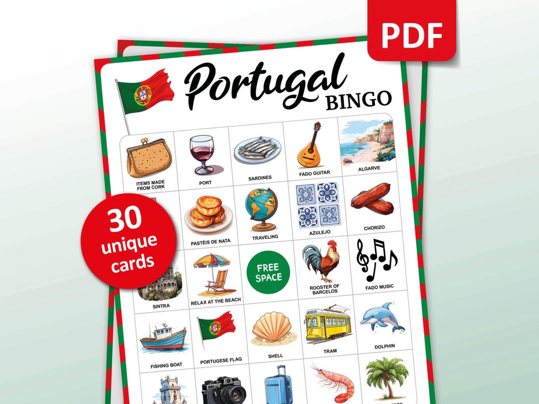 Portugal Bingo Game, 30 Bingo Cards, Europe Trip Vacation Activities ...