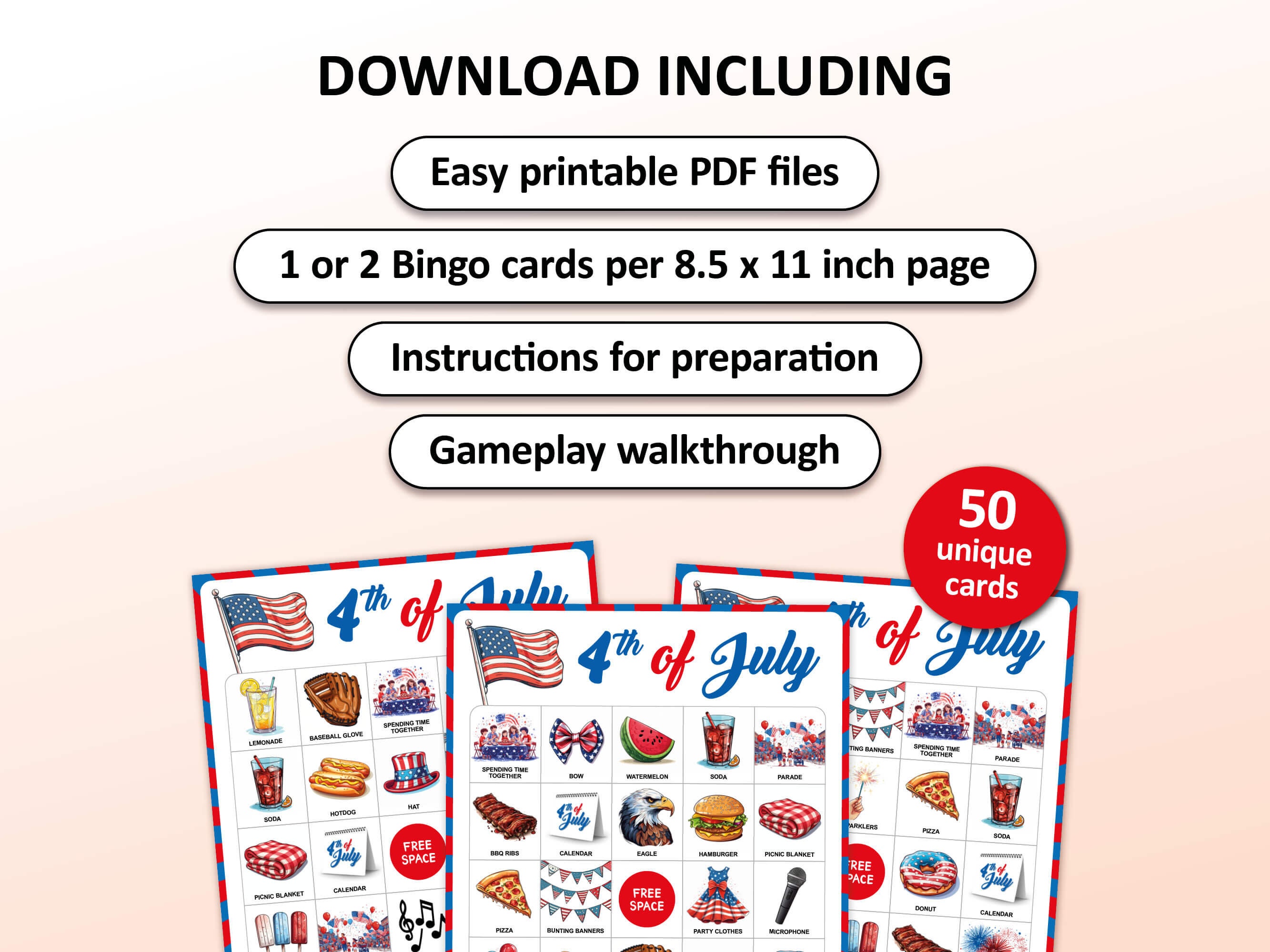 4th of July Bingo, 50 Independence Day Bingo Cards, Party Game for Kids ...