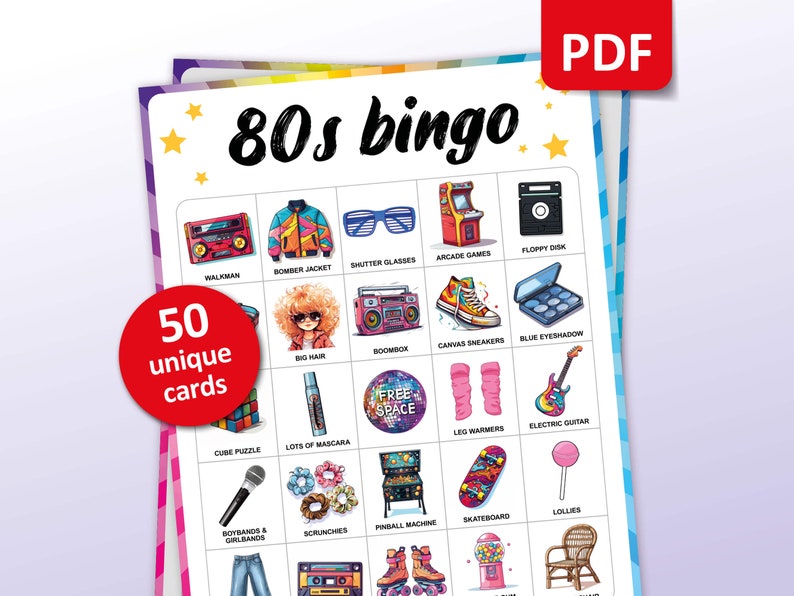 80s Party Bingo, 50 Unique Bingo Cards, Eighties Party Game, Printable ...