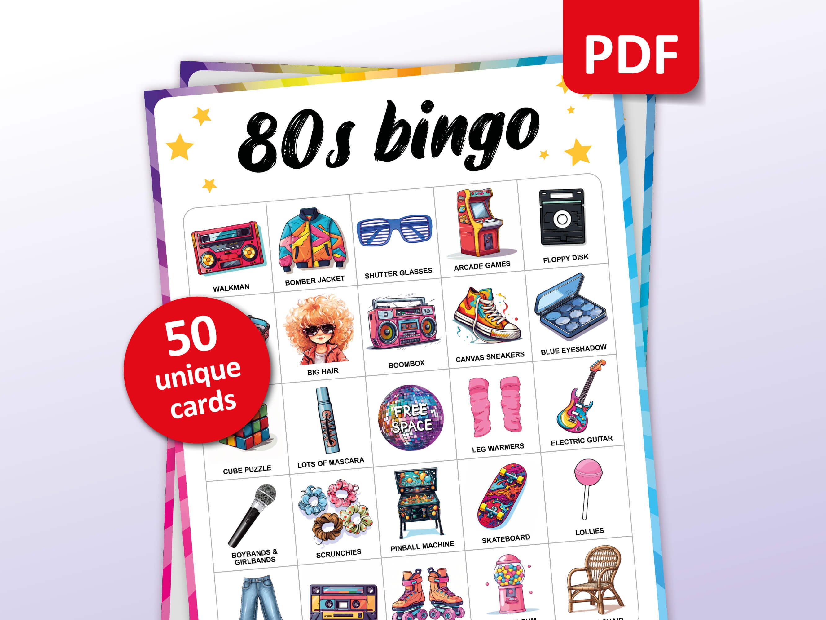 80s Party Bingo, 50 Unique Bingo Cards, Eighties Party Game, Printable ...