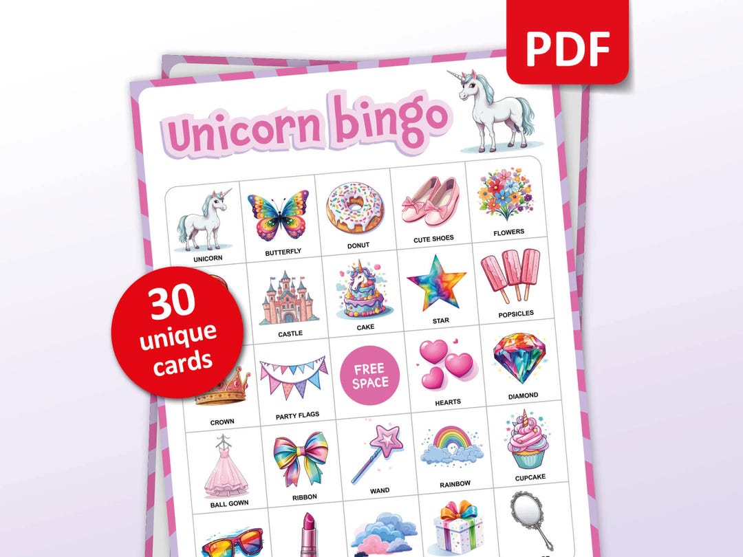 Unicorn Bingo, 30 Rainbow Unicorn Bingo Cards, Birthday Activities ...