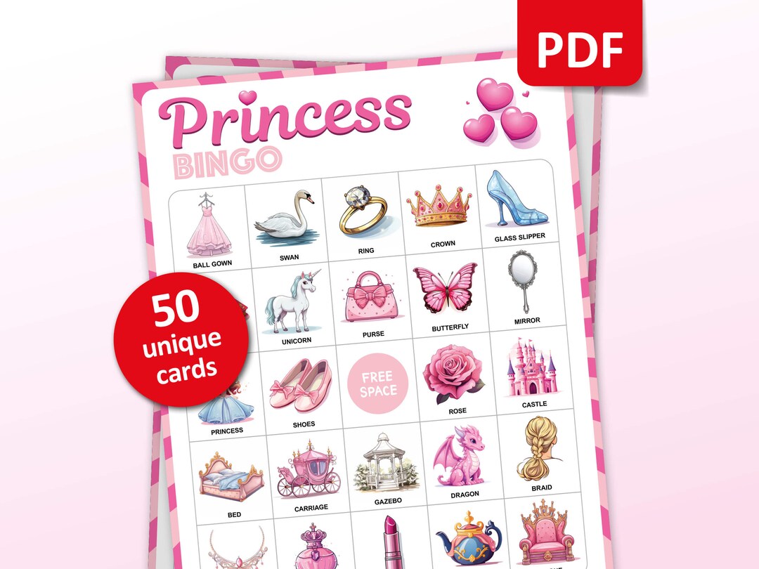 Princess Bingo, 50 Pink Bingo Cards, Birthday Activities, Kids Royal ...