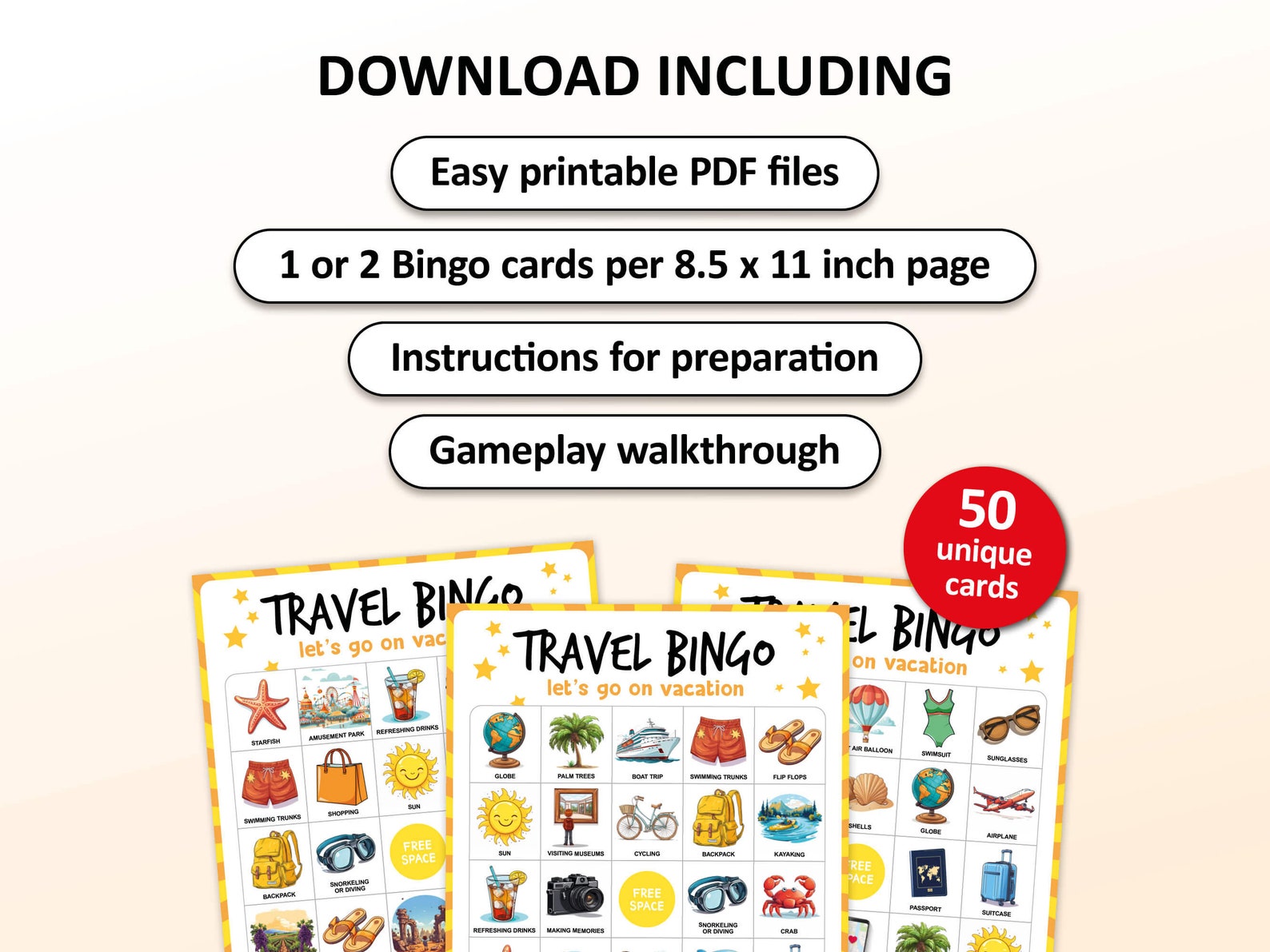 Travel Bingo Game, 50 Travel Bingo Cards, Summer Trip Vacation ...