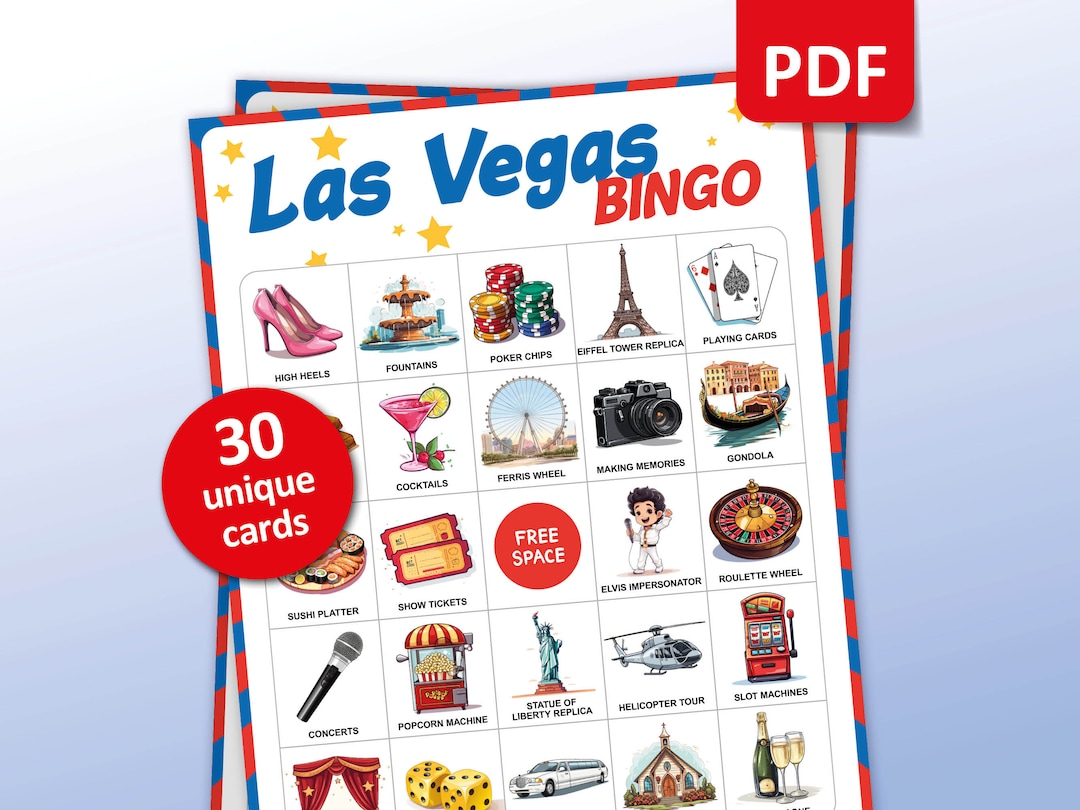 Las Vegas Bingo Game, 30 Bingo Cards, Bachelorette Party Game, Travel Trip Vacation Activities ...
