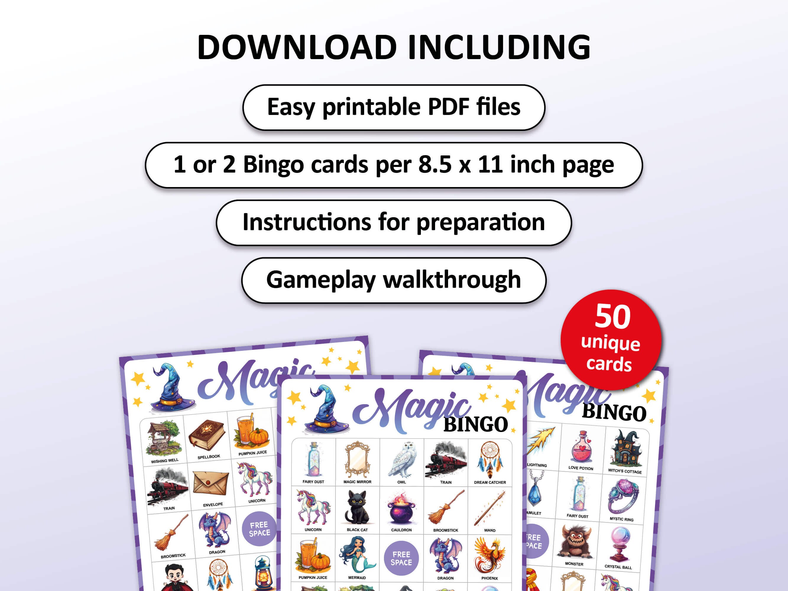 Magic Bingo, 50 Printable Bingo Cards, Birthday Party Game, Kids Wizard ...