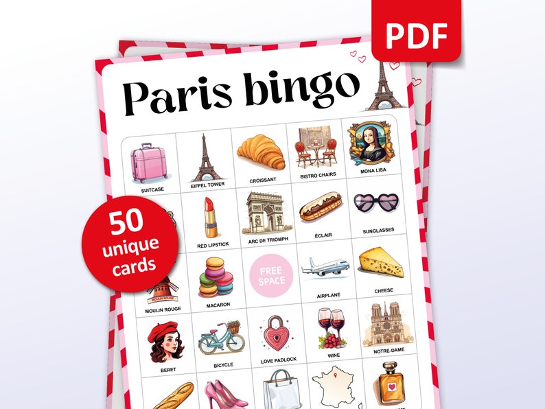 Paris Travel Bingo Game, 50 Paris Bingo Cards, Travel Trip Vacation ...