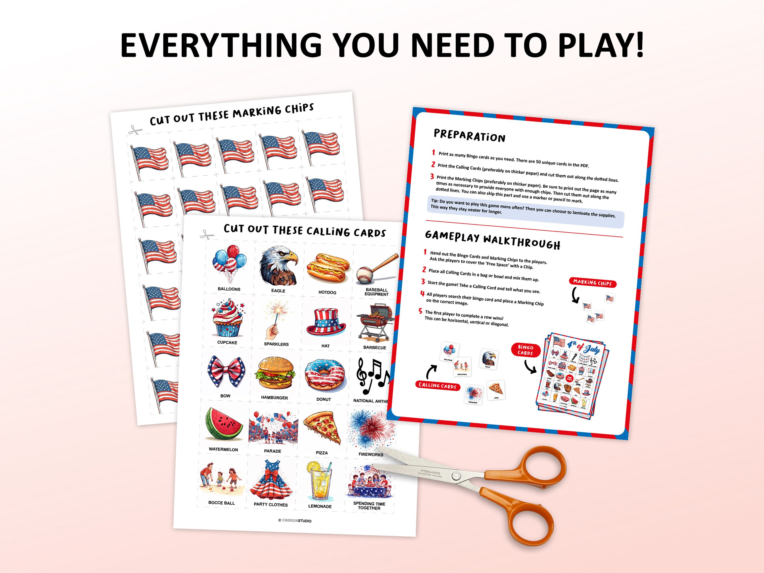 4th of July Bingo, 50 Independence Day Bingo Cards, Party Game for Kids ...