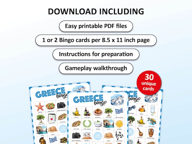 Greece Travel Bingo Game, 30 Bingo Cards, Europe Trip Vacation ...