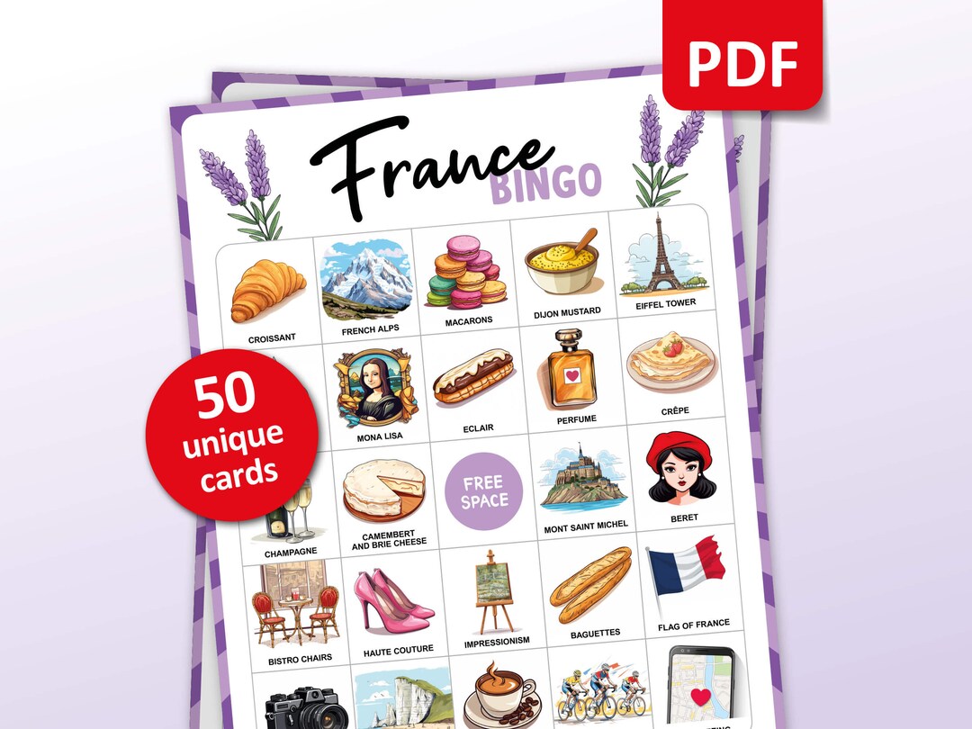 France Travel Bingo Game, 50 Bingo Cards, Travel Trip Vacation ...