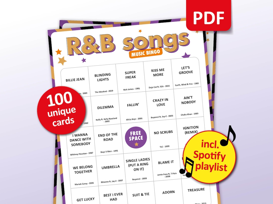R&B Music Bingo, 100 Bingo Cards + Spotify Playlist, Birthday Party ...