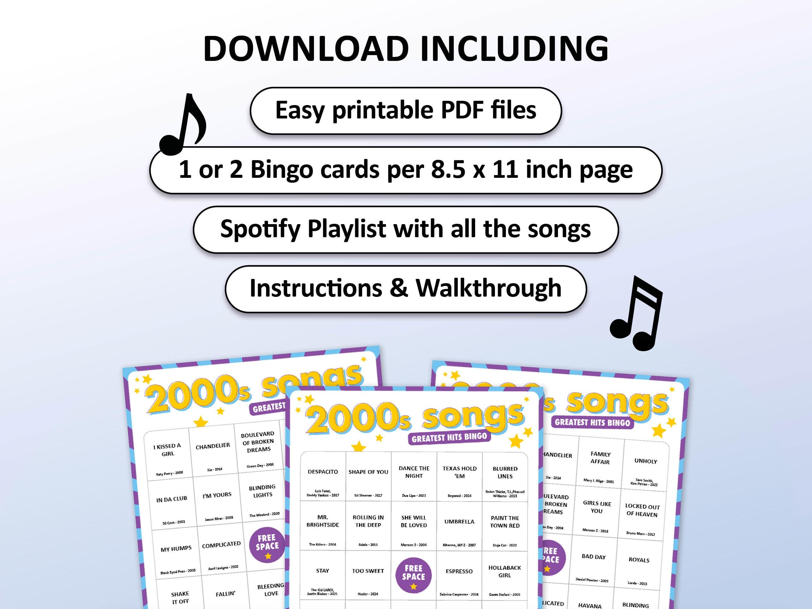 2000s Music Bingo, 100 Bingo Cards + Spotify Playlist, 2000s Party Game ...
