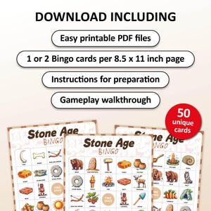 Stone Age Bingo, 50 Bingo Cards, Kids Birthday Party Game, Prehistory ...