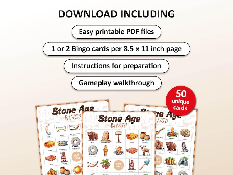 Stone Age Bingo, 50 Bingo Cards, Kids Birthday Party Game, Prehistory ...
