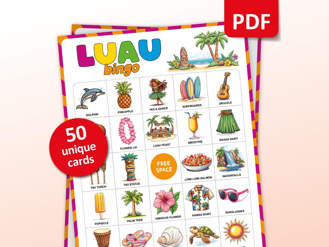 Hawaiian Luau Bingo, 50 Bingo Cards, Aloha Birthday Party Game ...