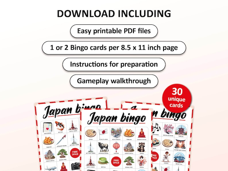 Japan Travel Bingo Game, 30 Bingo Cards, Asia Trip Vacation Activities ...